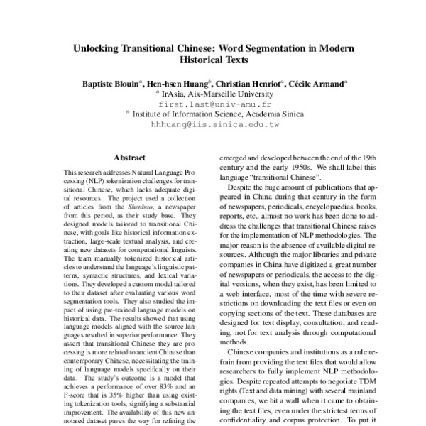Unlocking Transitional Chinese: Word Segmentation in Modern Historical ...
