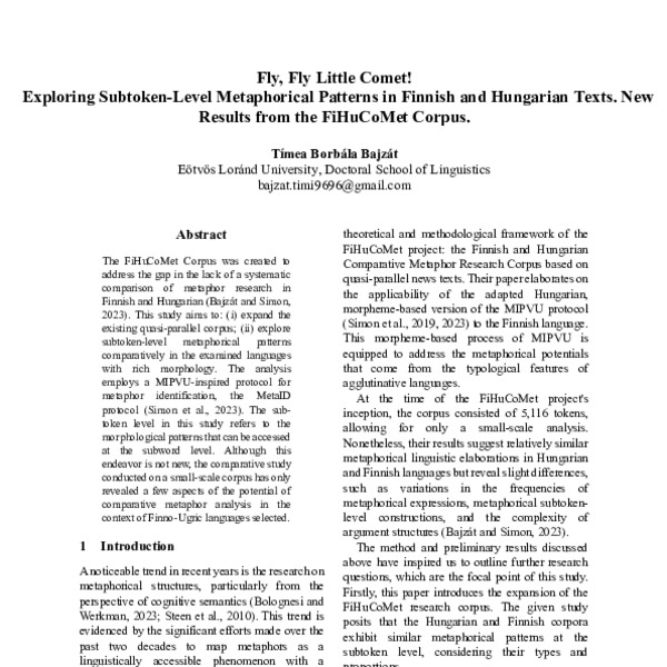 Fly, fly little Comet! Exploring Subtoken-Level Metaphorical Patterns in Finnish and Hungarian ...