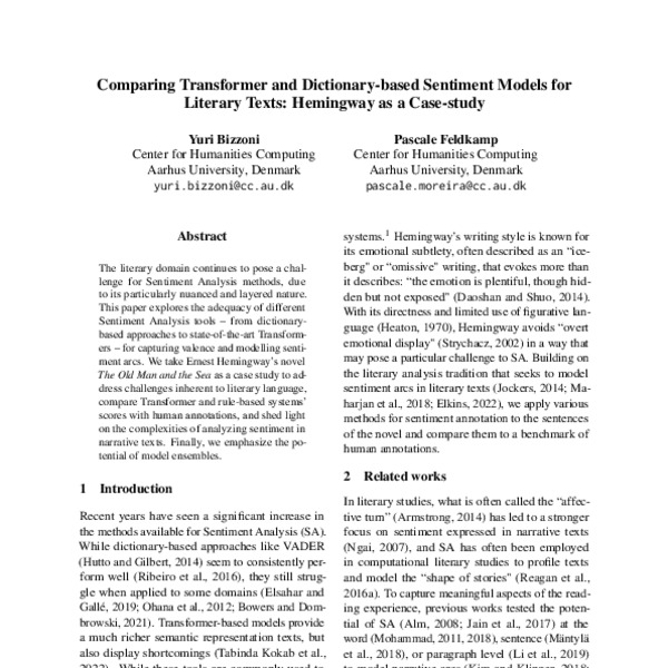Comparing Transformer and Dictionary-based Sentiment Models for Literary Texts: Hemingway as a ...