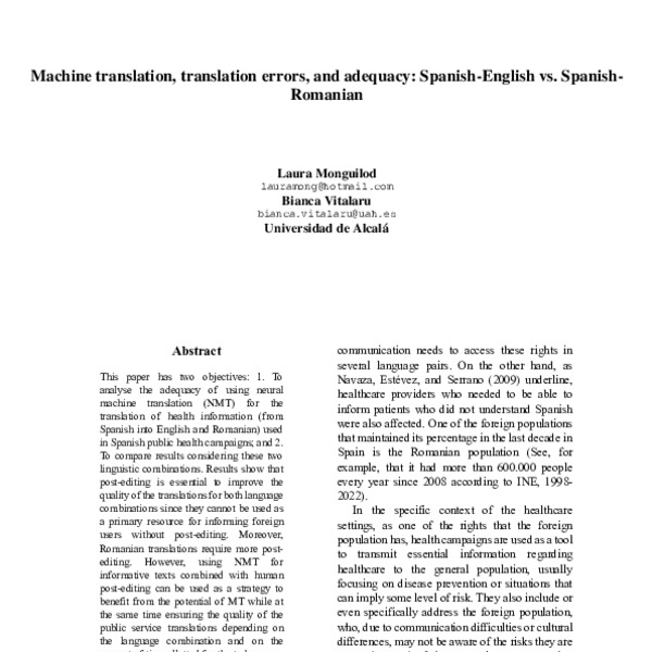 Machine translation, translation errors, and adequacy: Spanish-English vs. Spanish-Romanian ...