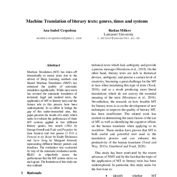 Machine Translation of literary texts: genres, times and systems - ACL ...