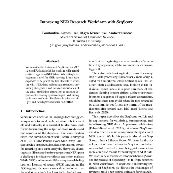Improving NER Research Workflows with SeqScore - ACL Anthology