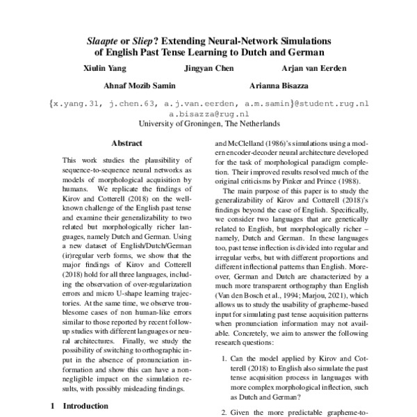 Slaapte or Sliep? Extending Neural-Network Simulations of English Past Tense Learning to Dutch ...