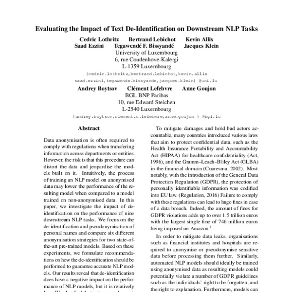 Evaluating the Impact of Text De-Identification on Downstream NLP Tasks - ACL Anthology
