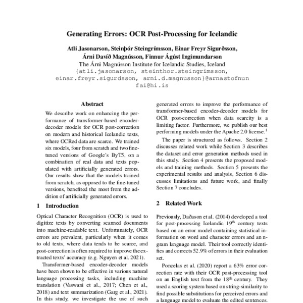 Generating Errors: OCR Post-Processing for Icelandic - ACL Anthology