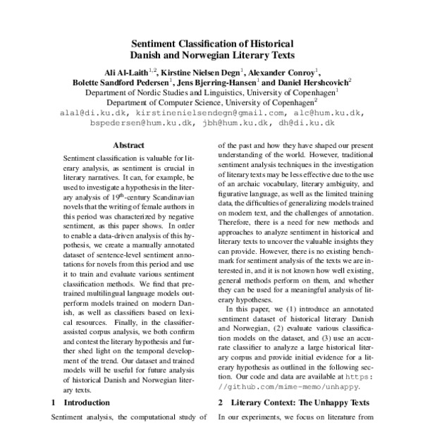 Sentiment Classification of Historical Danish and Norwegian Literary ...