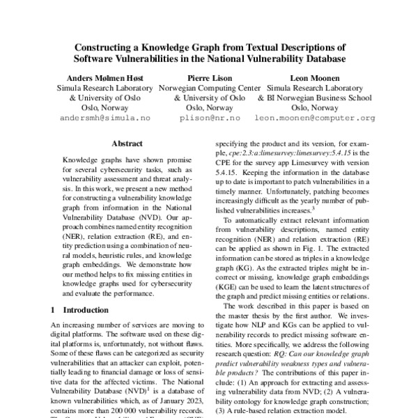 Constructing a Knowledge Graph from Textual Descriptions of Software Vulnerabilities in the ...