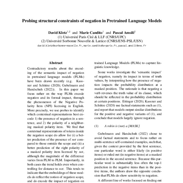 Probing structural constraints of negation in Pretrained Language Models - ACL Anthology