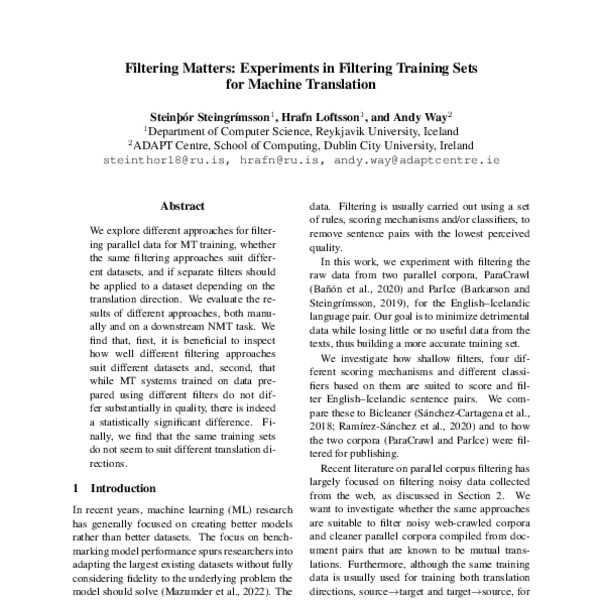 Filtering Matters: Experiments in Filtering Training Sets for Machine Translation - ACL Anthology