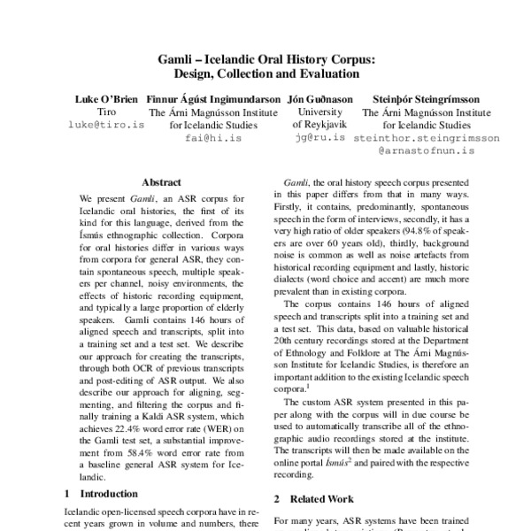 Gamli - Icelandic Oral History Corpus: Design, Collection and ...