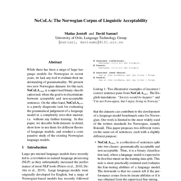 NoCoLA: The Norwegian Corpus of Linguistic Acceptability - ACL Anthology