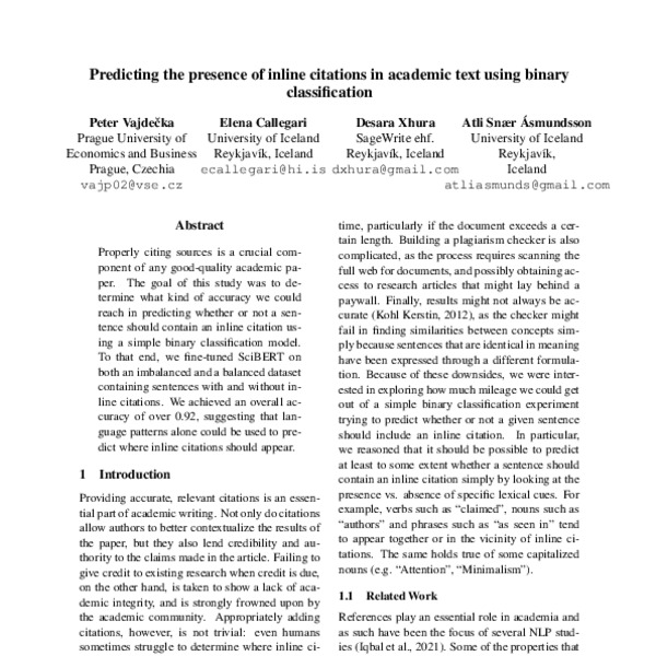 Predicting the presence of inline citations in academic text using binary classification - ACL ...
