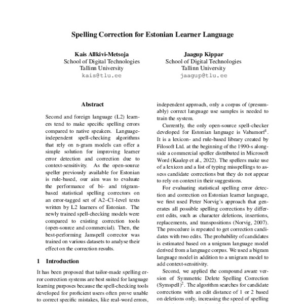 Spelling Correction for Estonian Learner Language - ACL Anthology