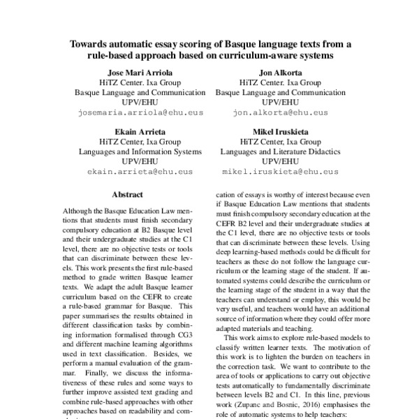 Towards automatic essay scoring of Basque language texts from a rule-based approach based on ...