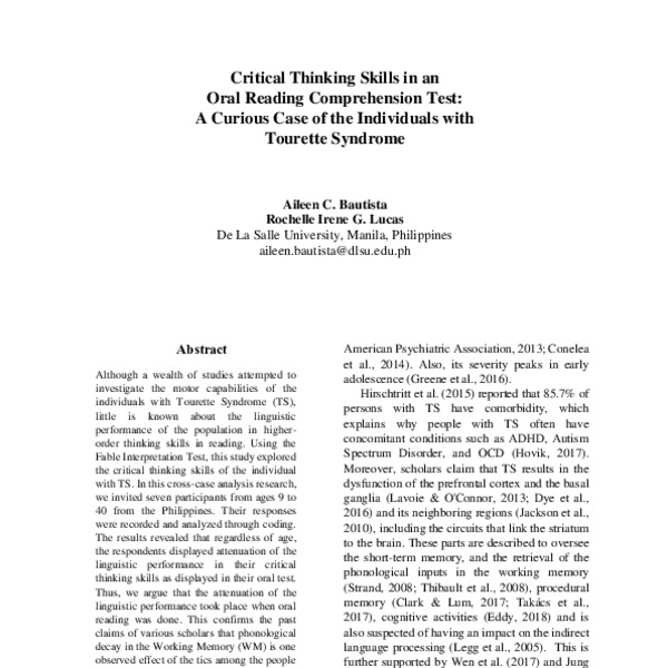 Critical Thinking Skills in an Oral Reading Comprehension Test: A ...