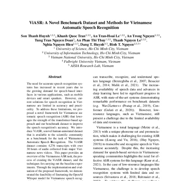 ViASR: A Novel Benchmark Dataset and Methods for Vietnamese Automatic ...