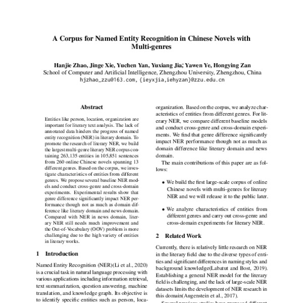A Corpus For Named Entity Recognition In Chinese Novels With Multi Genres Acl Anthology