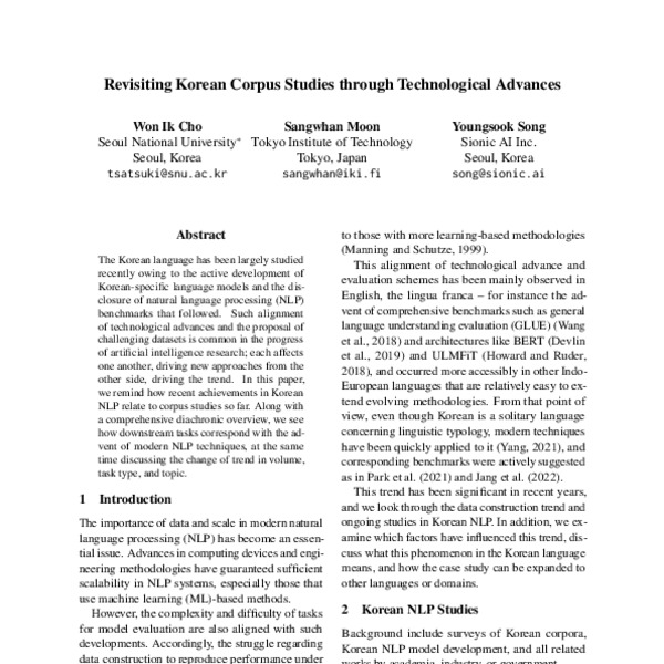 Revisiting Korean Corpus Studies through Technological Advances - ACL ...