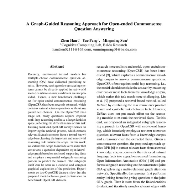 A Graph Guided Reasoning Approach For Open Ended Commonsense Question Answering Acl Anthology