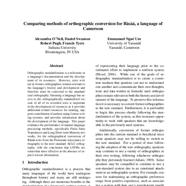 Comparing Methods Of Orthographic Conversion For Bàsàá A Language Of Cameroon Acl Anthology