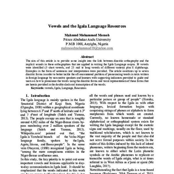 Vowels and the Igala Language Resources - ACL Anthology