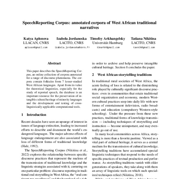 SpeechReporting Corpus: annotated corpora of West African traditional narratives - ACL Anthology