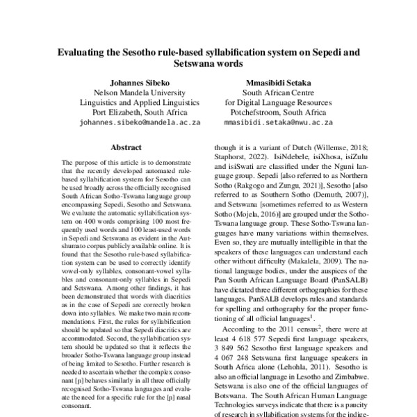 Evaluating the Sesotho rule-based syllabification system on Sepedi and ...