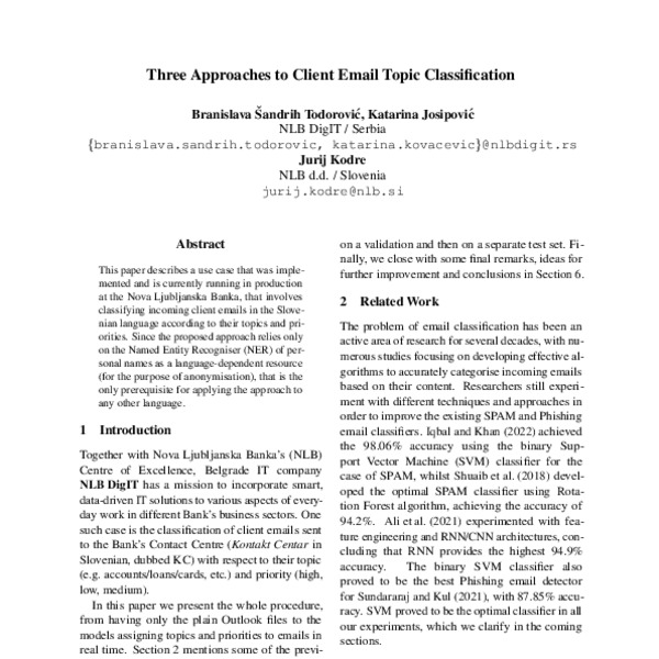 Three Approaches to Client Email Topic Classification - ACL Anthology