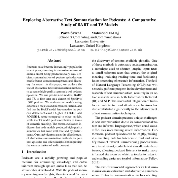 Exploring Abstractive Text Summarisation for Podcasts: A Comparative ...