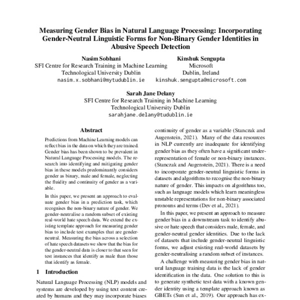 Measuring Gender Bias in Natural Language Processing: Incorporating Gender-Neutral Linguistic ...