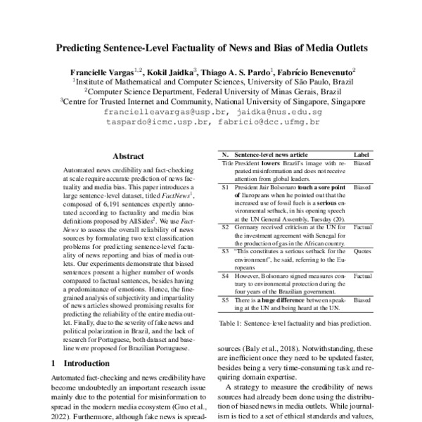 Predicting Sentence-Level Factuality of News and Bias of Media Outlets ...