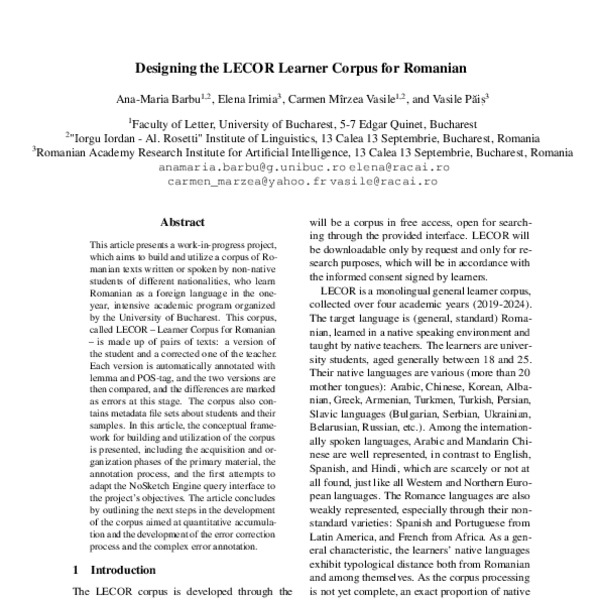 Designing the LECOR Learner Corpus for Romanian - ACL Anthology