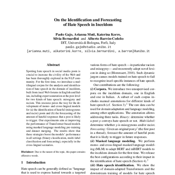 On the Identification and Forecasting of Hate Speech in Inceldom - ACL ...
