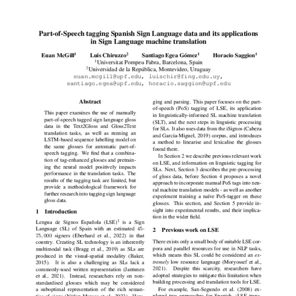 Part-of-Speech tagging Spanish Sign Language data and its applications in Sign Language machine ...