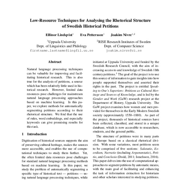 Low-Resource Techniques for Analysing the Rhetorical Structure of Swedish Historical Petitions ...