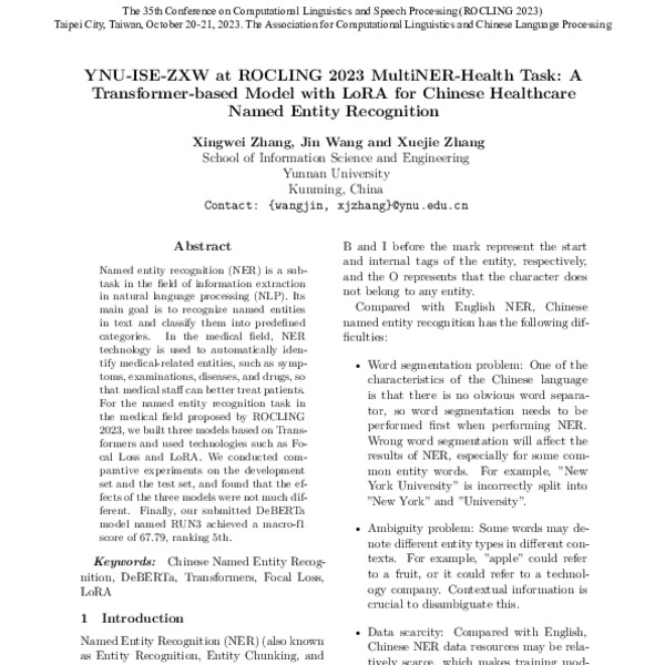 YNU-ISE-ZXW at ROCLING 2023 MultiNER-Health Task: A Transformer-based Model with LoRA for ...
