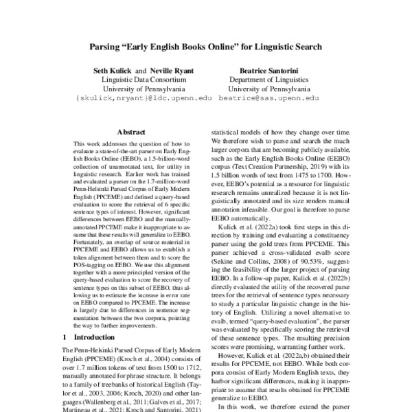 Parsing “Early English Books Online” for Linguistic Search - ACL Anthology