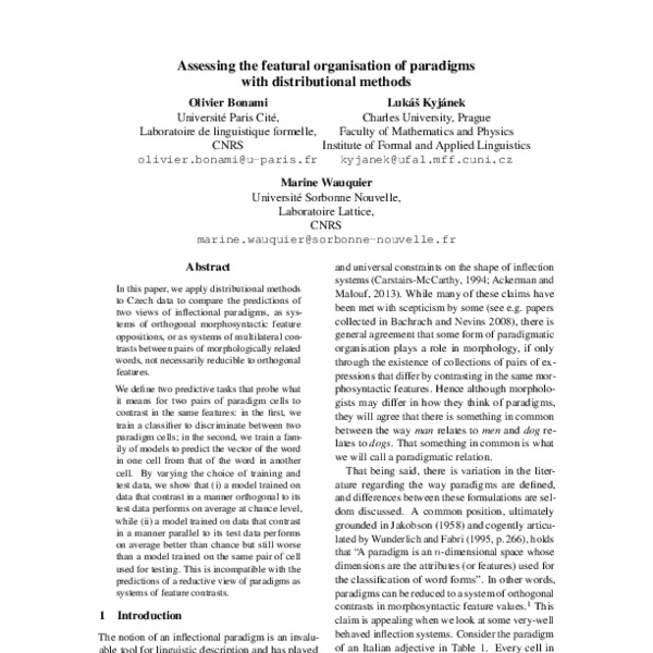 Assessing the featural organisation of paradigms with distributional ...