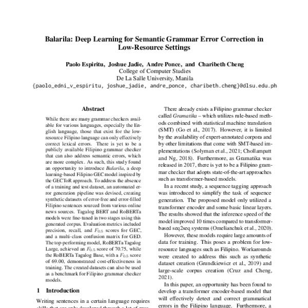 Balarila Deep Learning For Semantic Grammar Error Correction In Low
