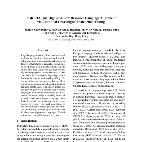 InstructAlign: High-and-Low Resource Language Alignment via Continual Crosslingual Instruction ...