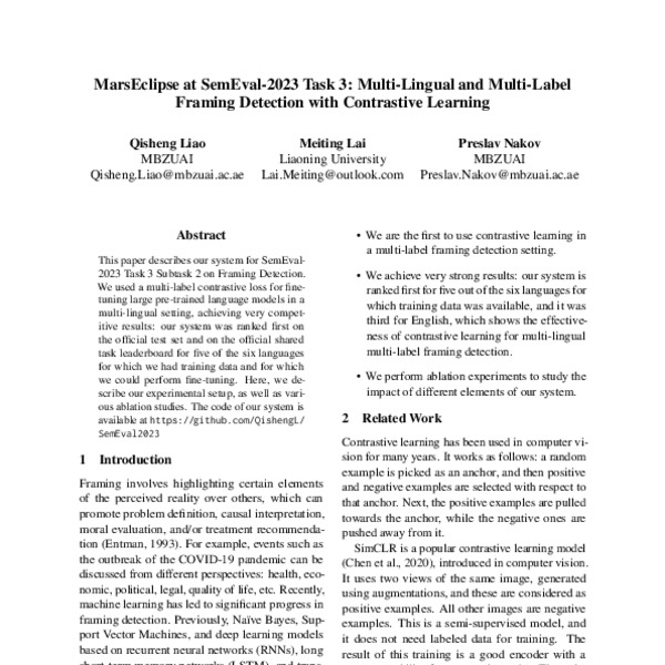 MarsEclipse at SemEval-2023 Task 3: Multi-lingual and Multi-label Framing Detection with ...