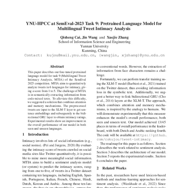 Ynu Hpcc At Semeval 2023 Task 9 Pretrained Language Model For Multilingual Tweet Intimacy