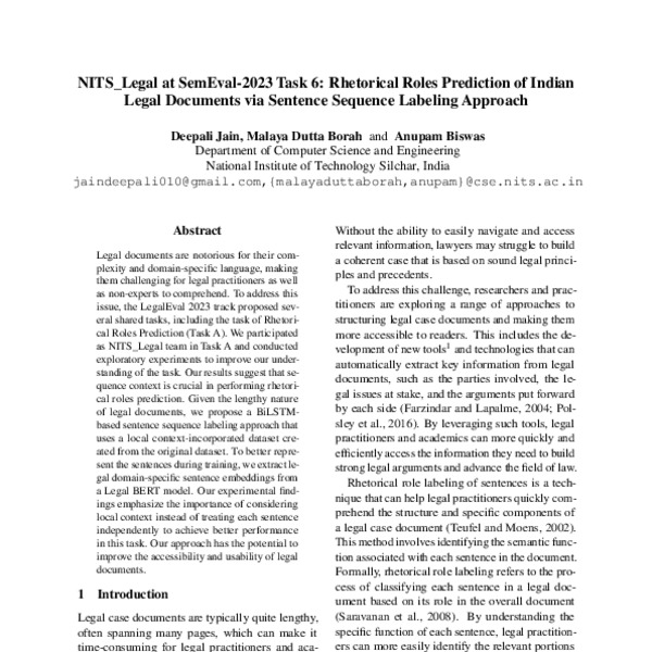 NITS_Legal at SemEval-2023 Task 6: Rhetorical Roles Prediction of Indian Legal Documents via ...
