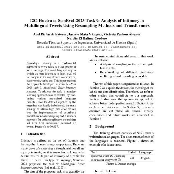 I2C-Huelva at SemEval-2023 Task 9: Analysis of Intimacy in Multilingual Tweets Using Resampling ...