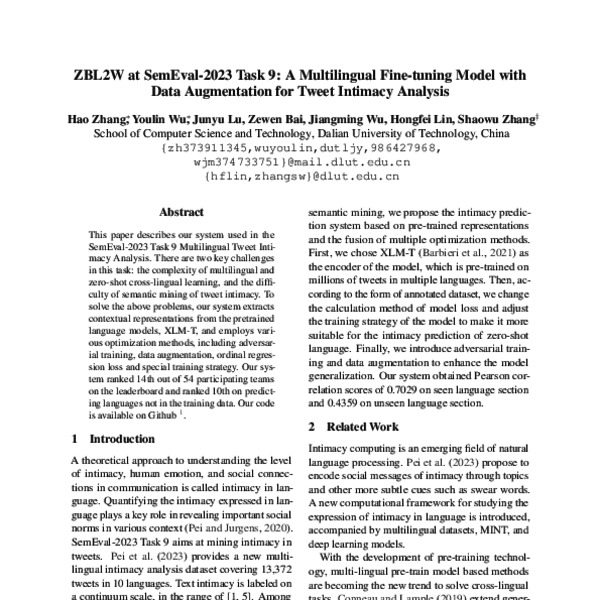 ZBL2W at SemEval-2023 Task 9: A Multilingual Fine-tuning Model with Data Augmentation for Tweet ...
