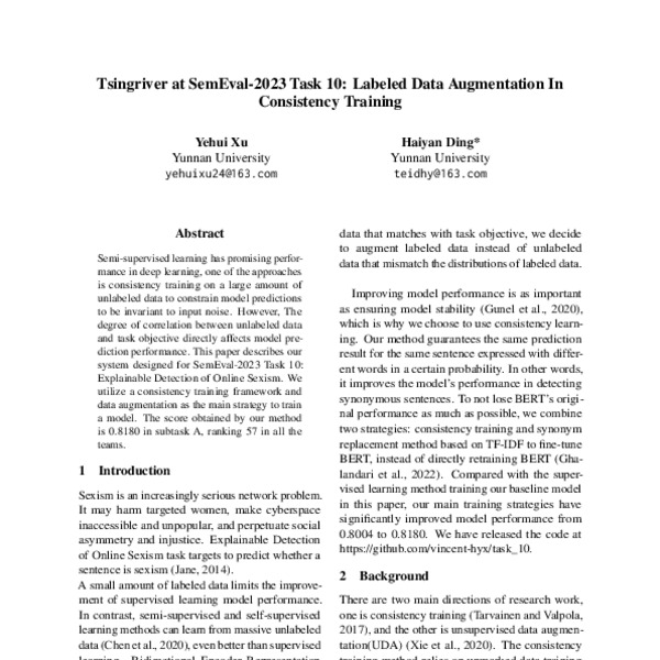 Tsingriver at SemEval-2023 Task 10: Labeled Data Augmentation in Consistency Training - ACL ...