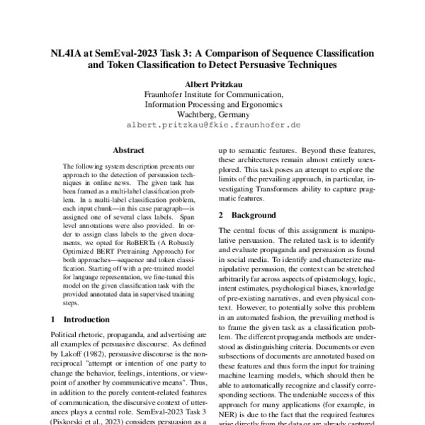 NL4IA at SemEval-2023 Task 3: A Comparison of Sequence Classification and Token Classification ...