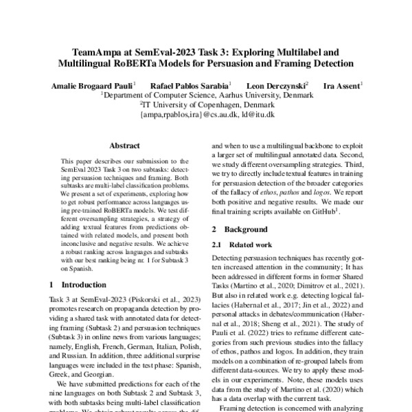 TeamAmpa at SemEval-2023 Task 3: Exploring Multilabel and Multilingual RoBERTa Models for ...