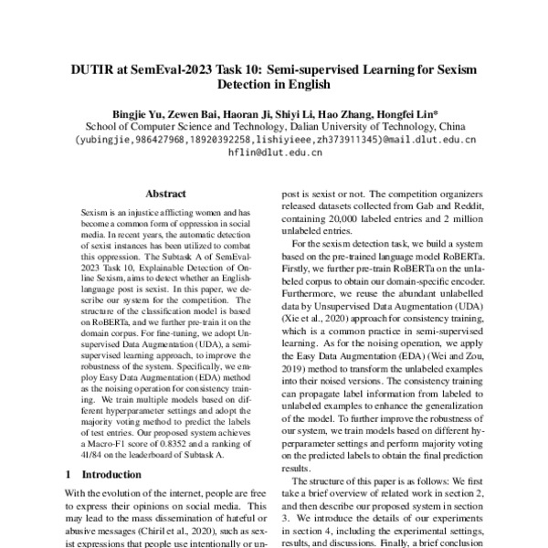 DUTIR at SemEval-2023 Task 10: Semi-supervised Learning for Sexism Detection in English - ACL ...