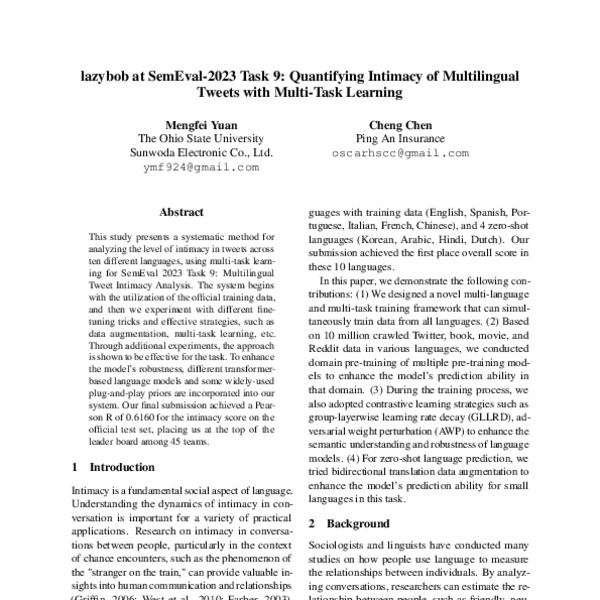 Lazybob at SemEval-2023 Task 9: Quantifying Intimacy of Multilingual Tweets with Multi-Task ...